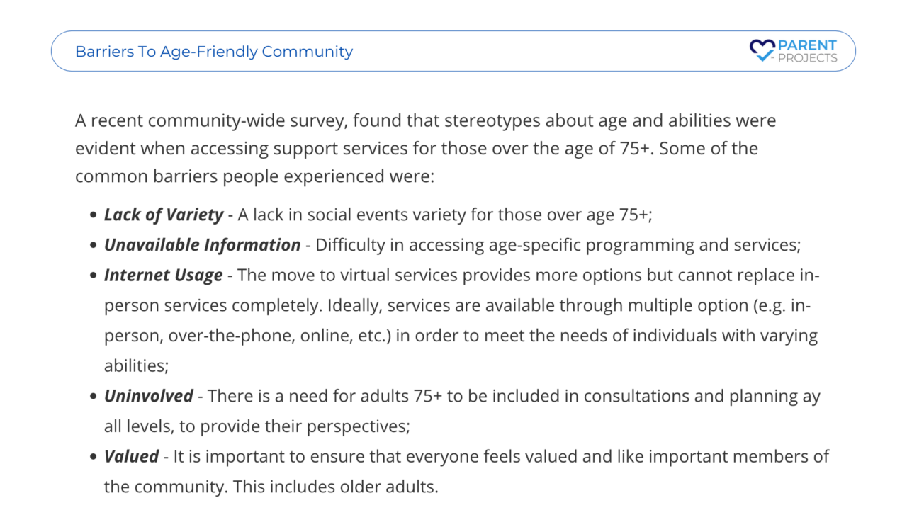 Barriers To Age-Friendly Community - Parent Projects